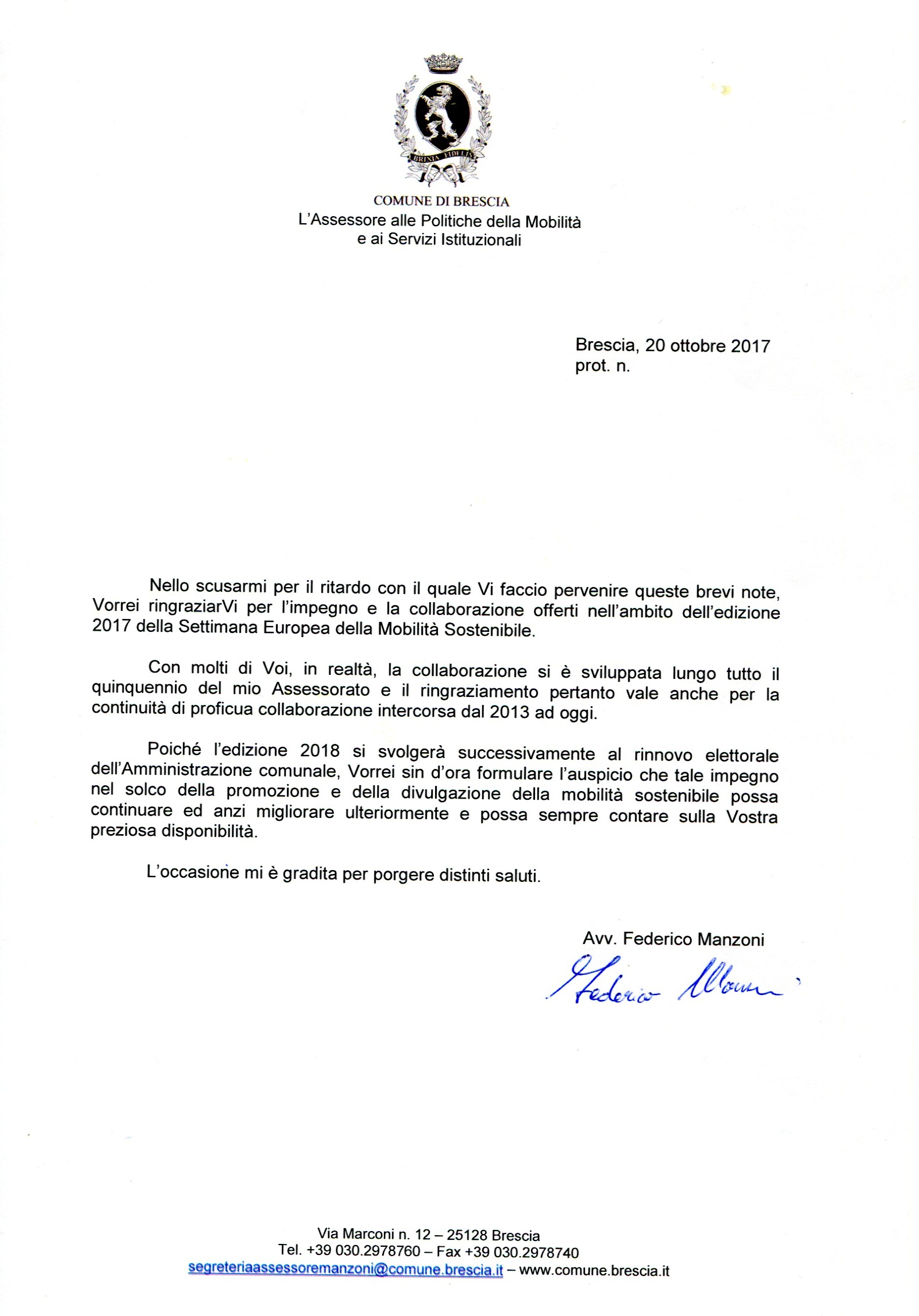 Lettera di ringraziamento dell’avv. Manzoni – FIAB Brescia Lettera di ringraziamento dell’avv. Manzoni – FIAB Brescia